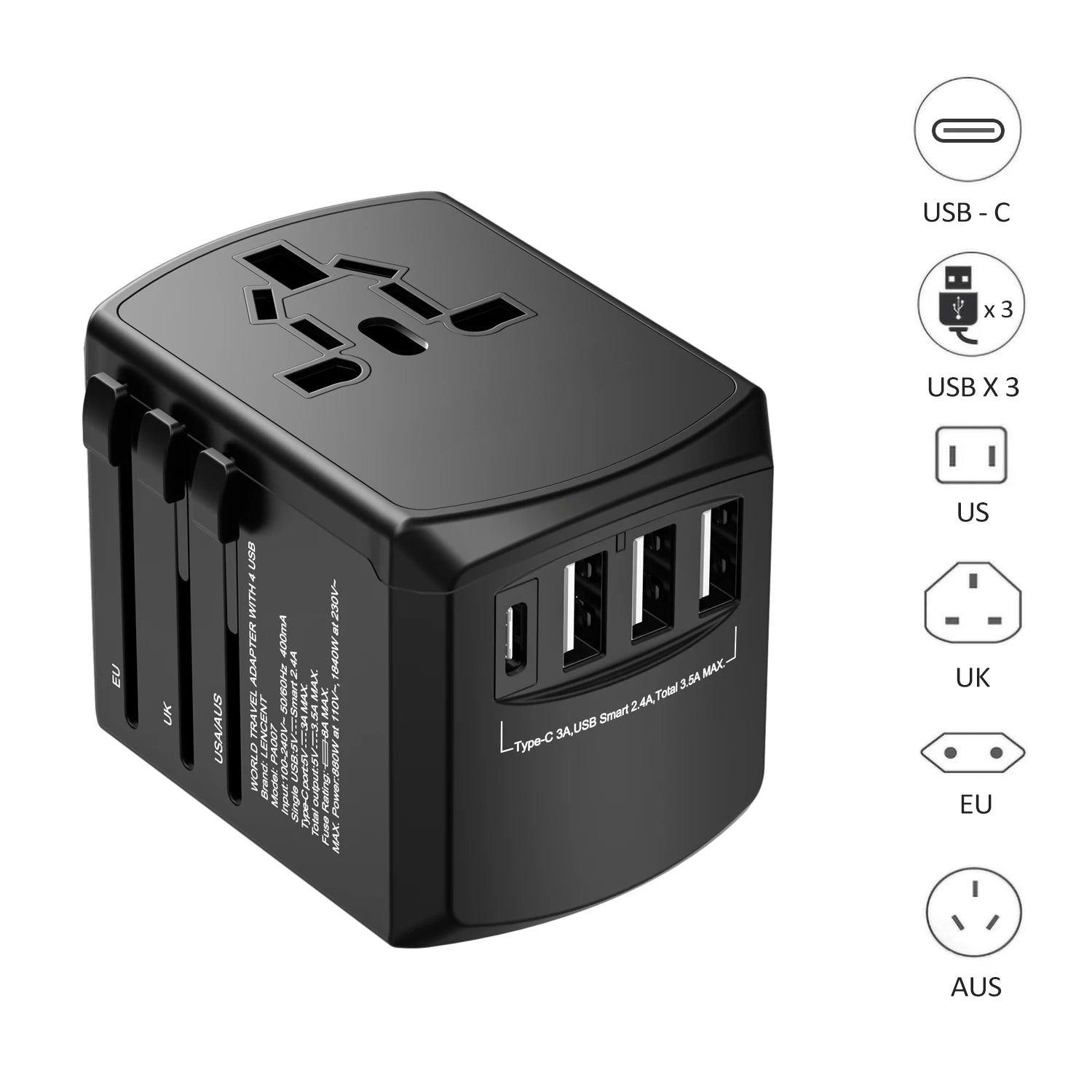 Universal Travel Adapter All-in-one Travel Charger with 3 USB Ports and ...