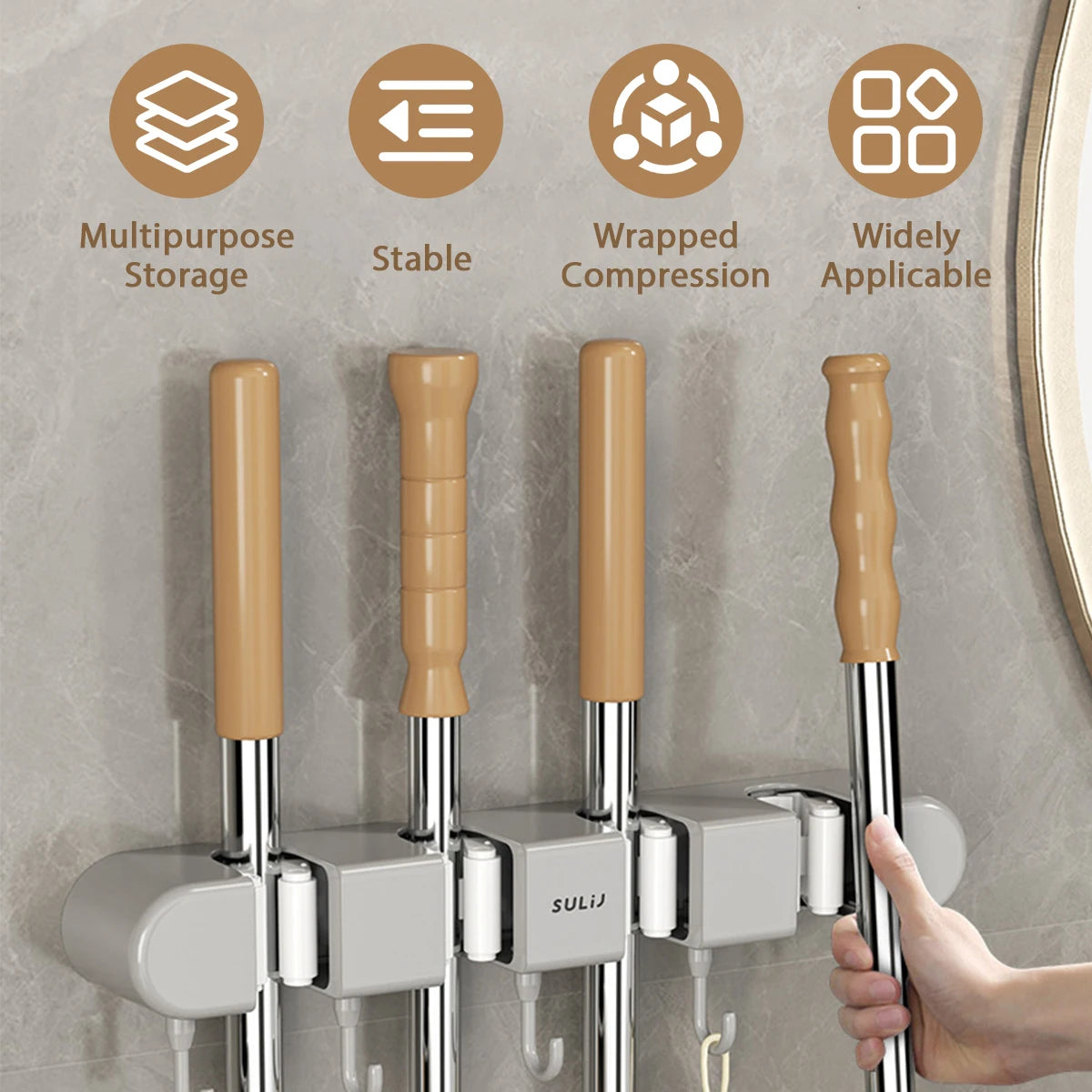 Broom Mop Holder with Hooks Wall Mounted Broom Storage Rack No Drilling ...